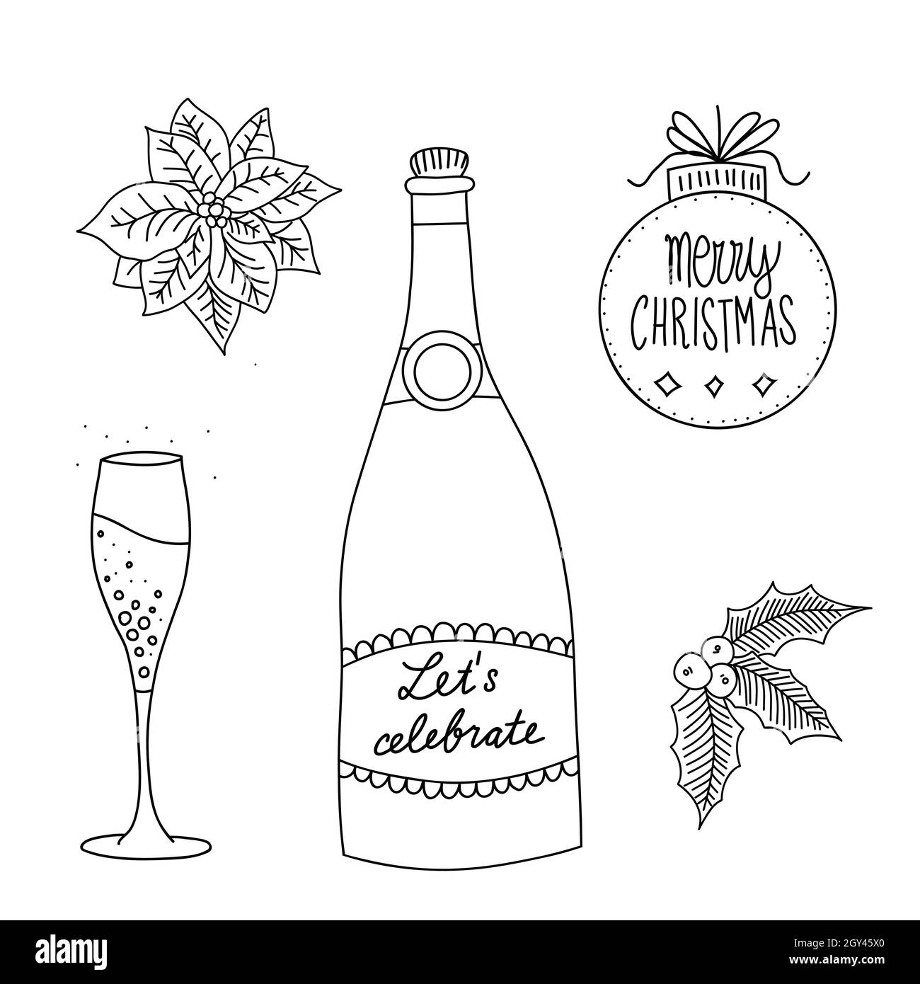 Hand drawn line art party icons vector set. Christmas celebration ...
