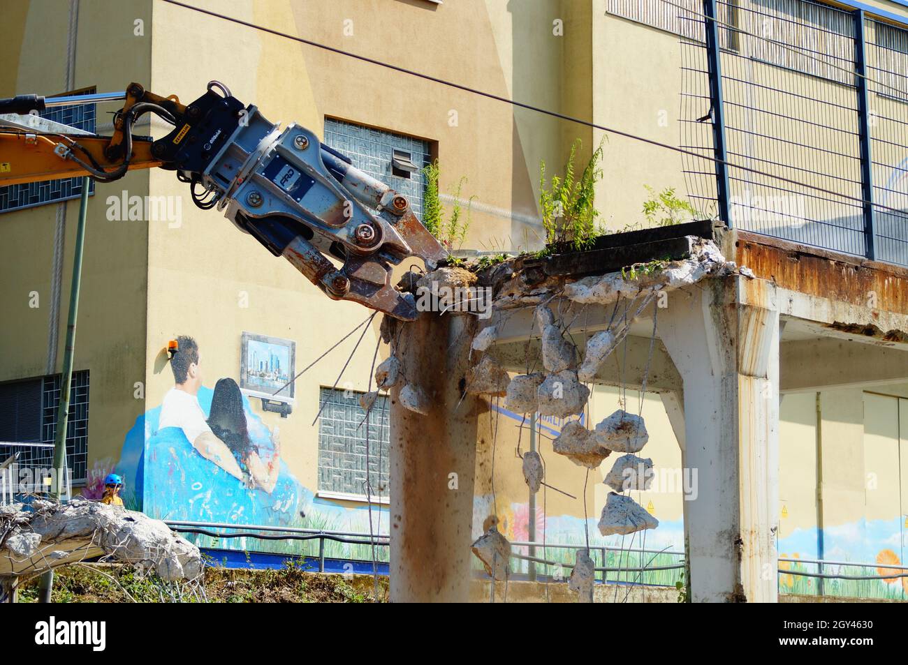 FRANKFURT, GERMANY - Jul 20, 2021: Demolition of a pedestrian bridge at ...