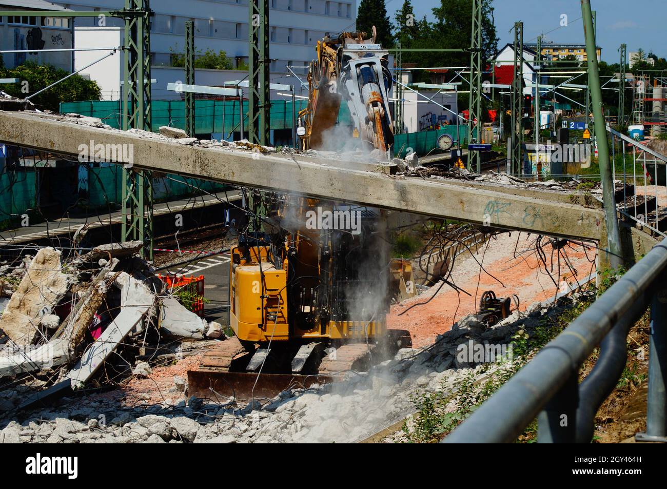 FRANKFURT, GERMANY - Jul 20, 2021: Demolition of a pedestrian bridge at ...