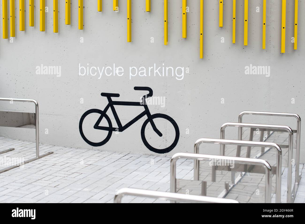 Empty bike parking in city park. Parking space for multiple bikes ...
