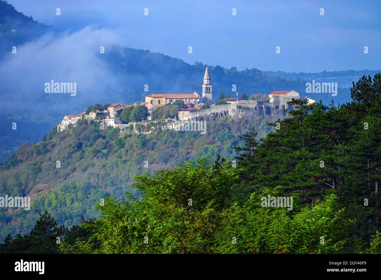 Mist clearing from the ancient hill town of Buzet, Istria, Croatia ...