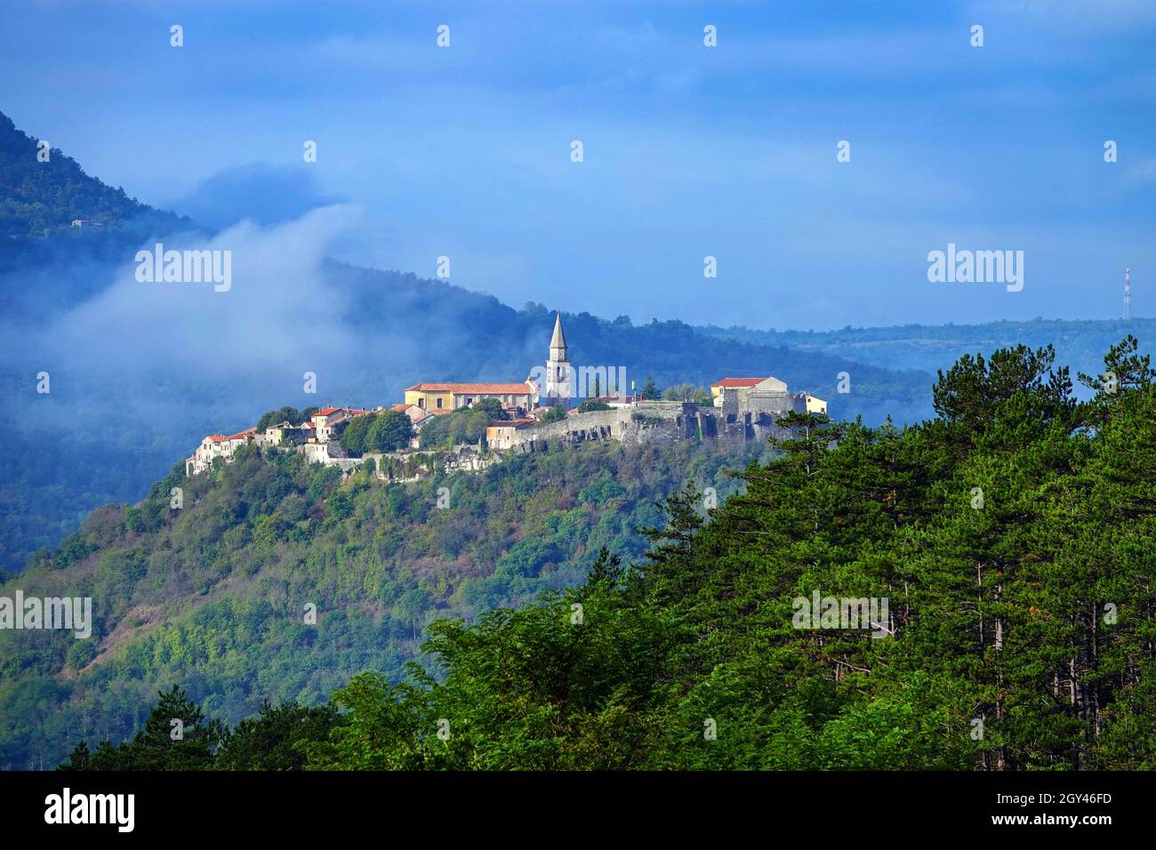 Mist clearing from the ancient hill town of Buzet, Istria, Croatia ...