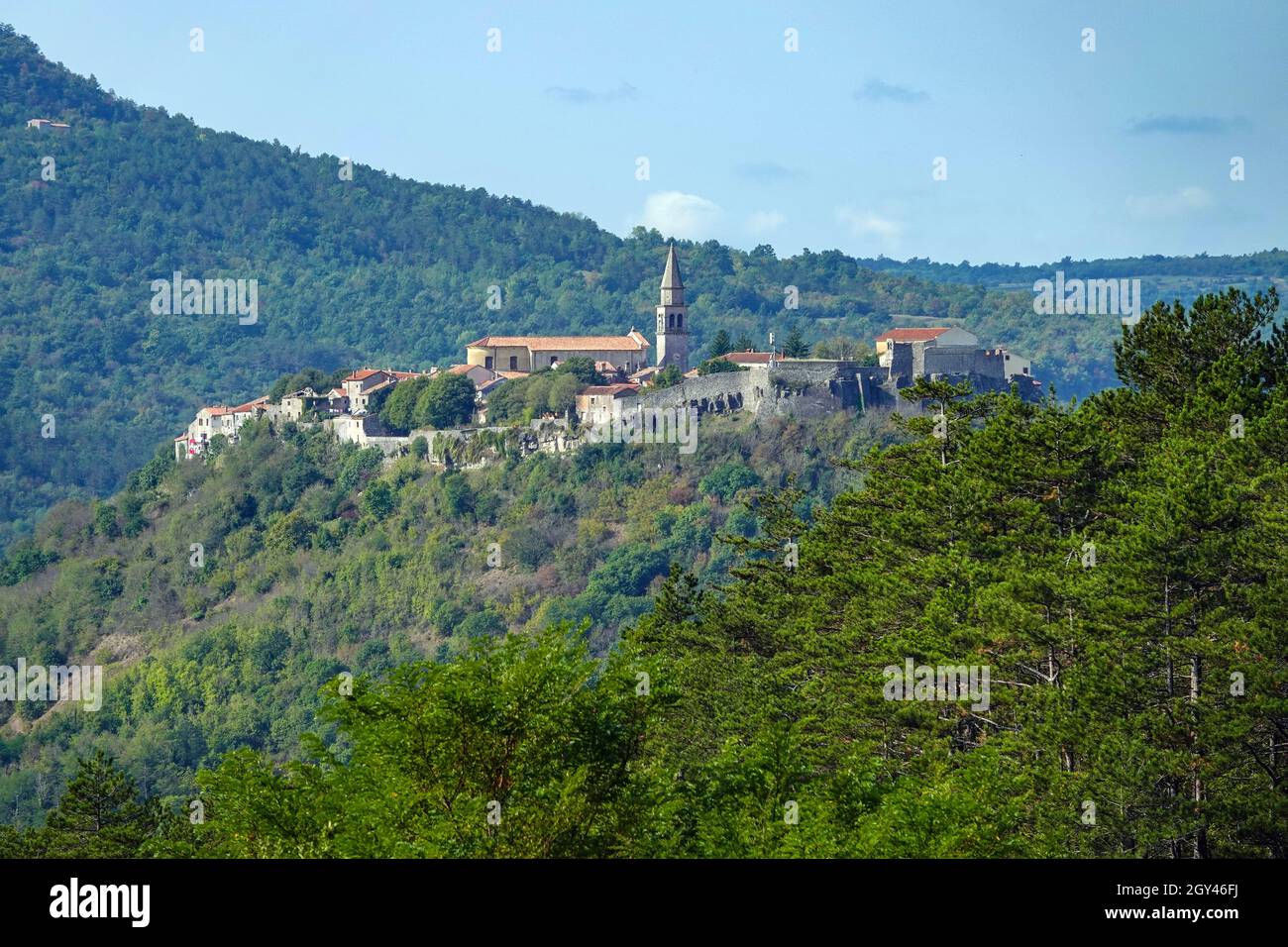 Mist clearing from the ancient hill town of Buzet, Istria, Croatia ...