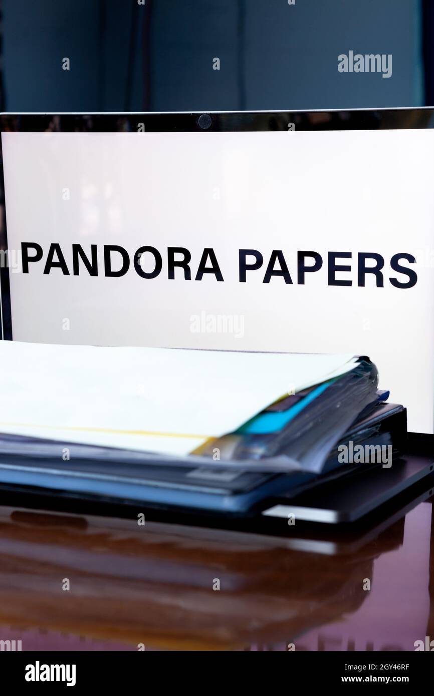Screen with Pandora papers inscription. Pandora Papers is 11.9 million ...