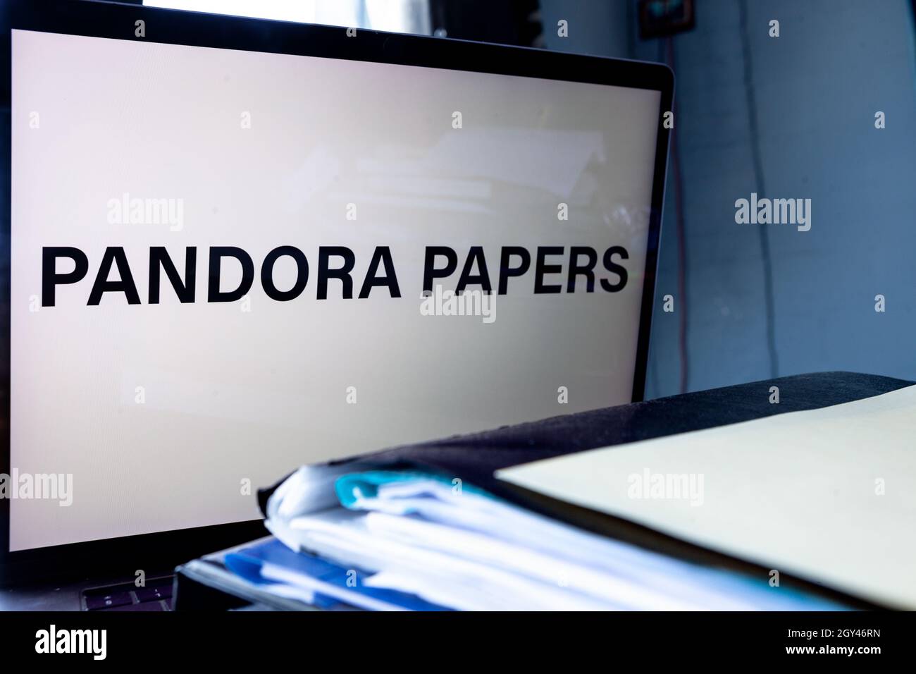 Screen with Pandora papers inscription. Pandora Papers is 11.9 million leaked documents that ...