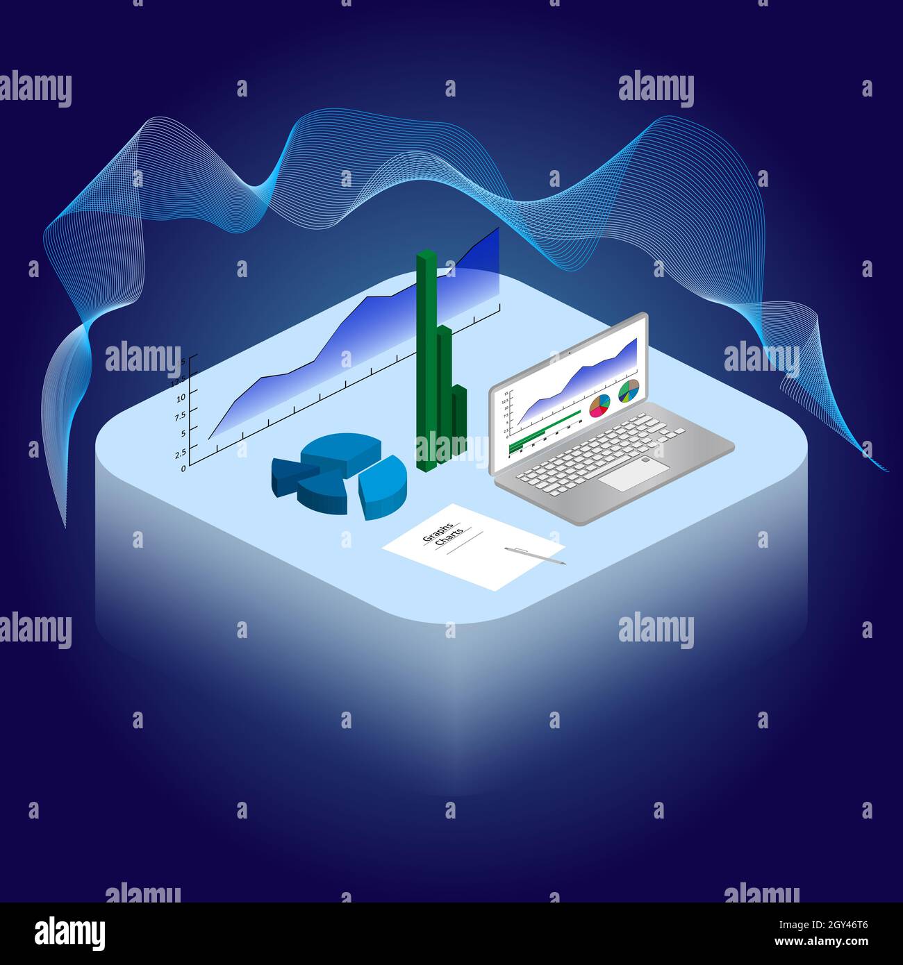 Isometric infographic with charts and graphs on laptop and table ...