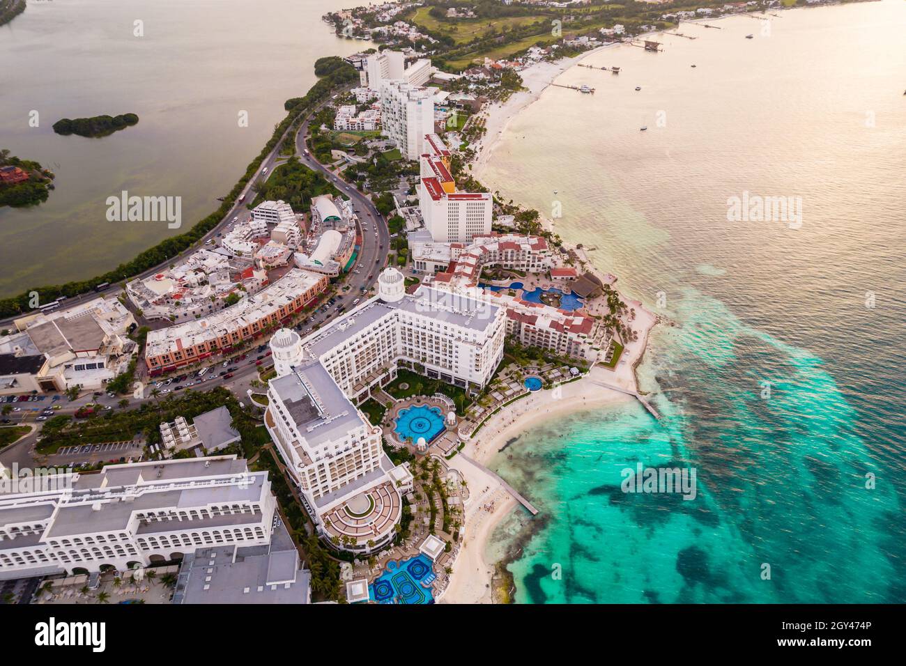 Aerial panoramic view of Cancun beach and city hotel zone in Mexico ...
