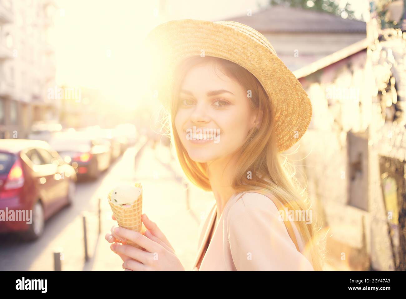 Attractive Woman Outdoor Walk Eat Ice Cream Walk Travel Model Stock