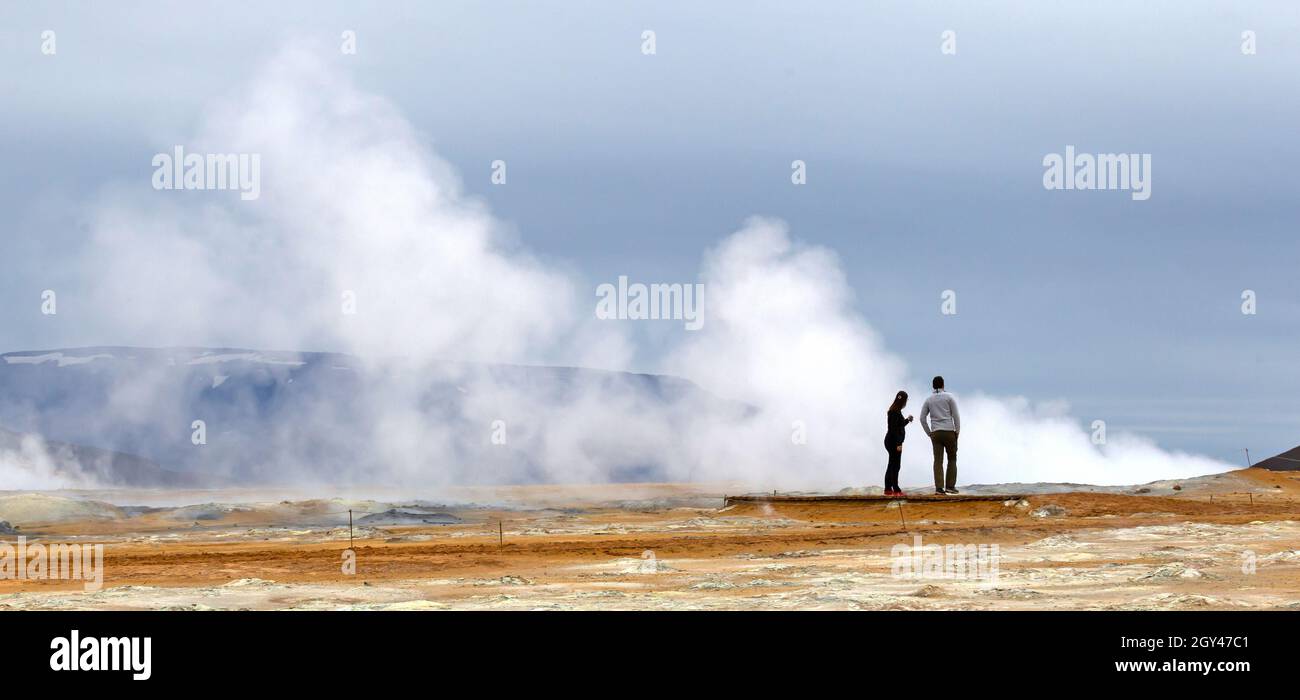 Steaming fumarole in geothermal area of Hverir, Namafjall in northern ...