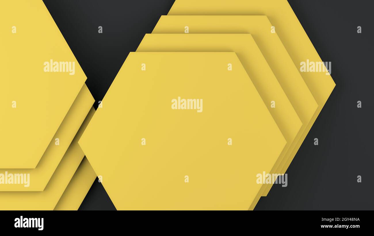 Modern abstract design; yellow hexagons on dark background; geometric ...