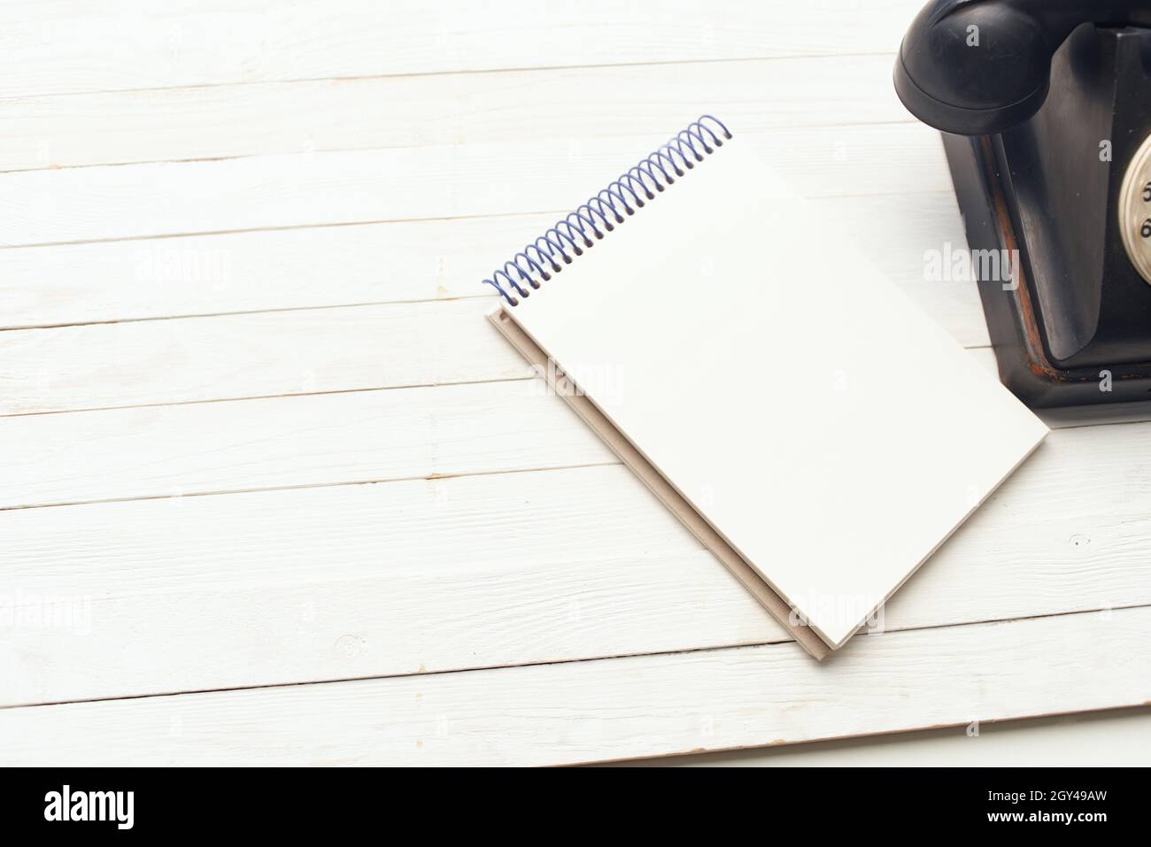 retro telephone notepad wooden table top view Stock Photo - Alamy