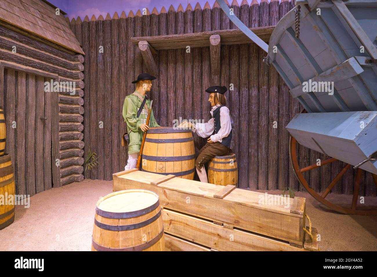 A diorama of two Colonial era soldiers in a log fort. At the US Army ...