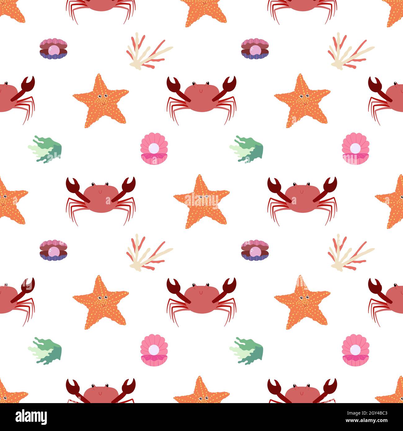 Sea animal seamless pattern with crab and starfish, seashell with pearl ...