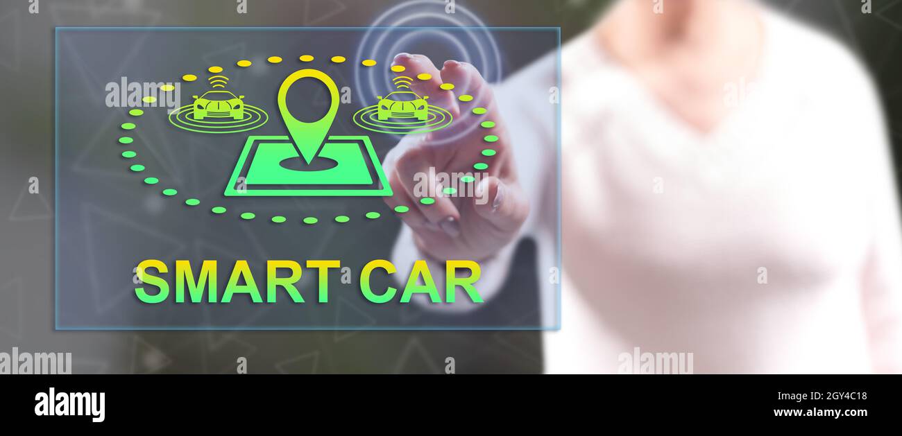 Woman touching a smart car concept on a touch screen with her fingers ...