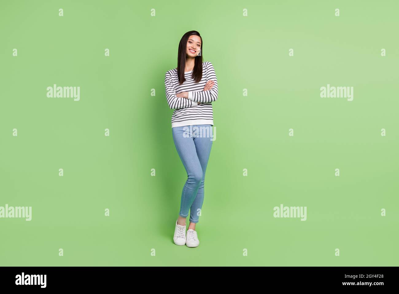 Full length body size view of attractive cheerful slim thin girl posing ...