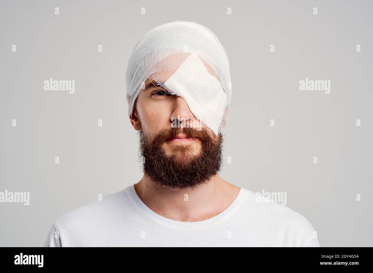 bearded man head injury health problems emotions isolated background ...