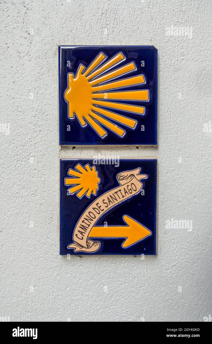 Tiles on wall signing Way of St James, direction Camino de Santiago ...