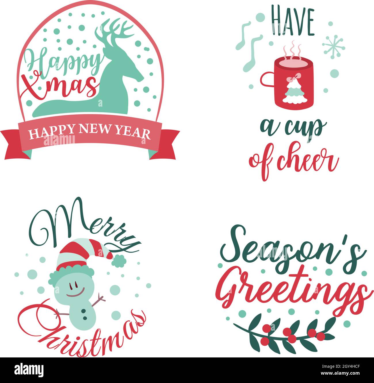 Set of four Christmas logotype or insignia. Cute cartoon Christmas tree ...
