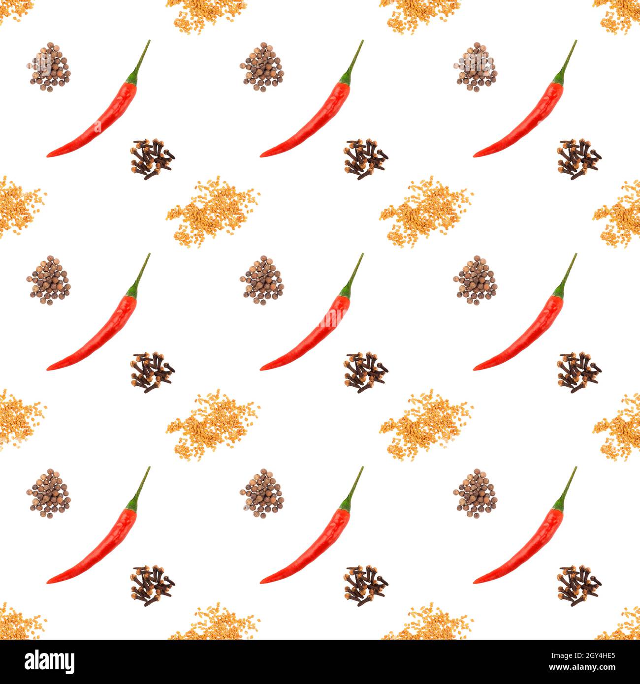 Seamless spice pattern with red chili pepper pods, heaps of cloves ...