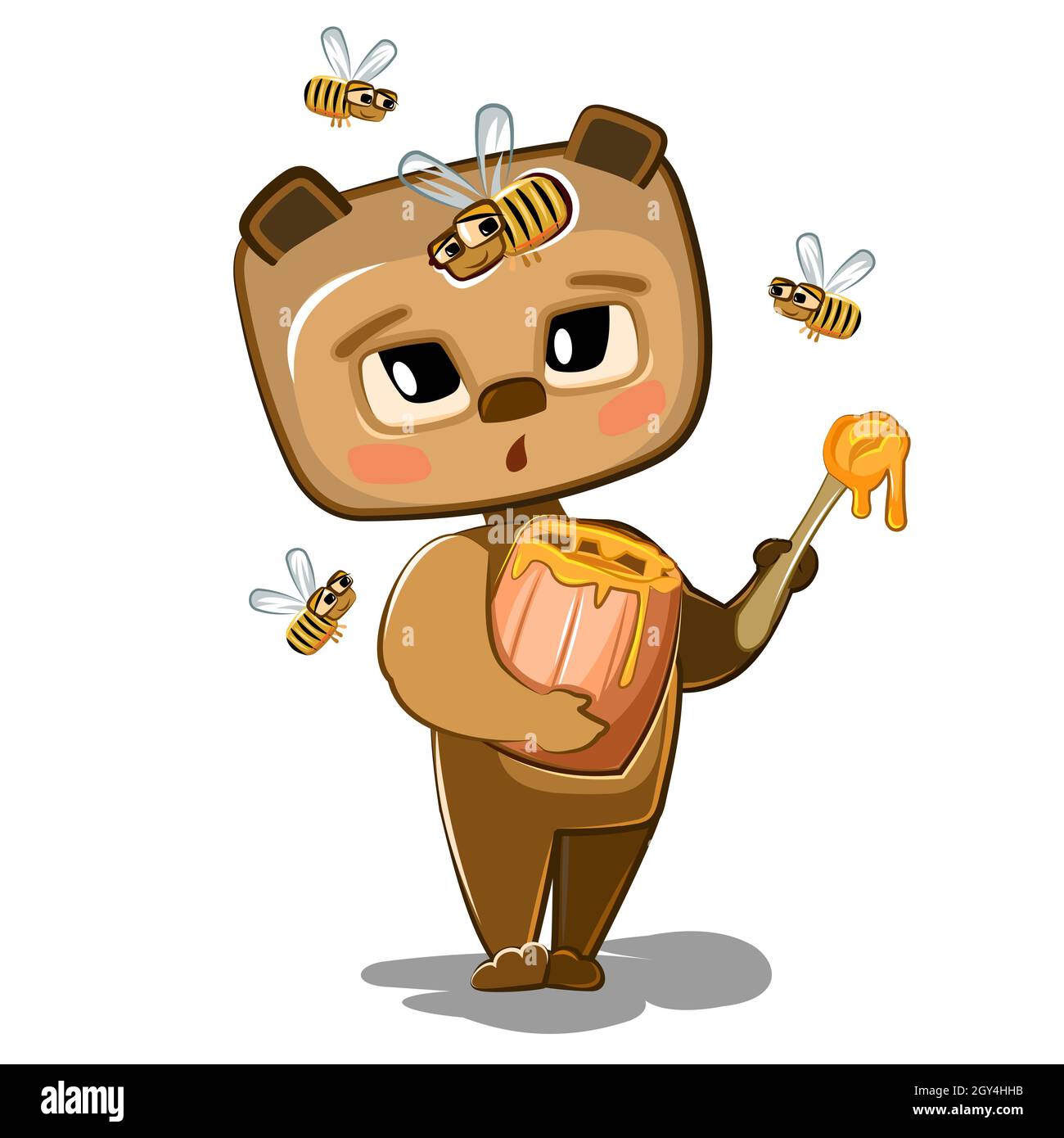 Cartoon Bear with a sweet tooth eating honey from a little wooden ...