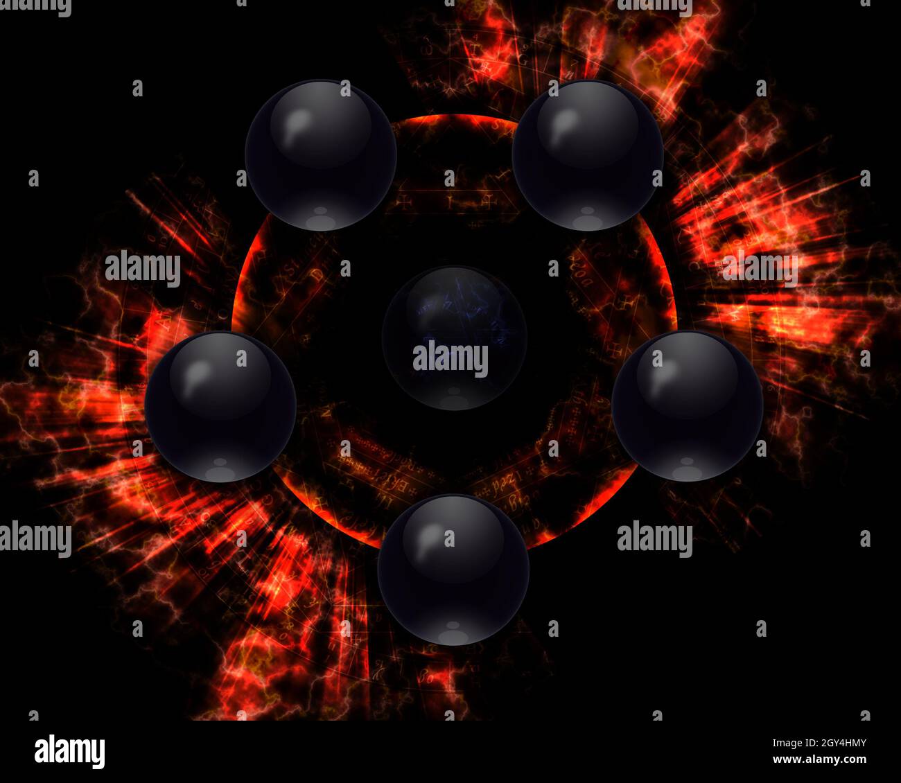 abstract background with dark metallic spheres forming an arcane symbol ...