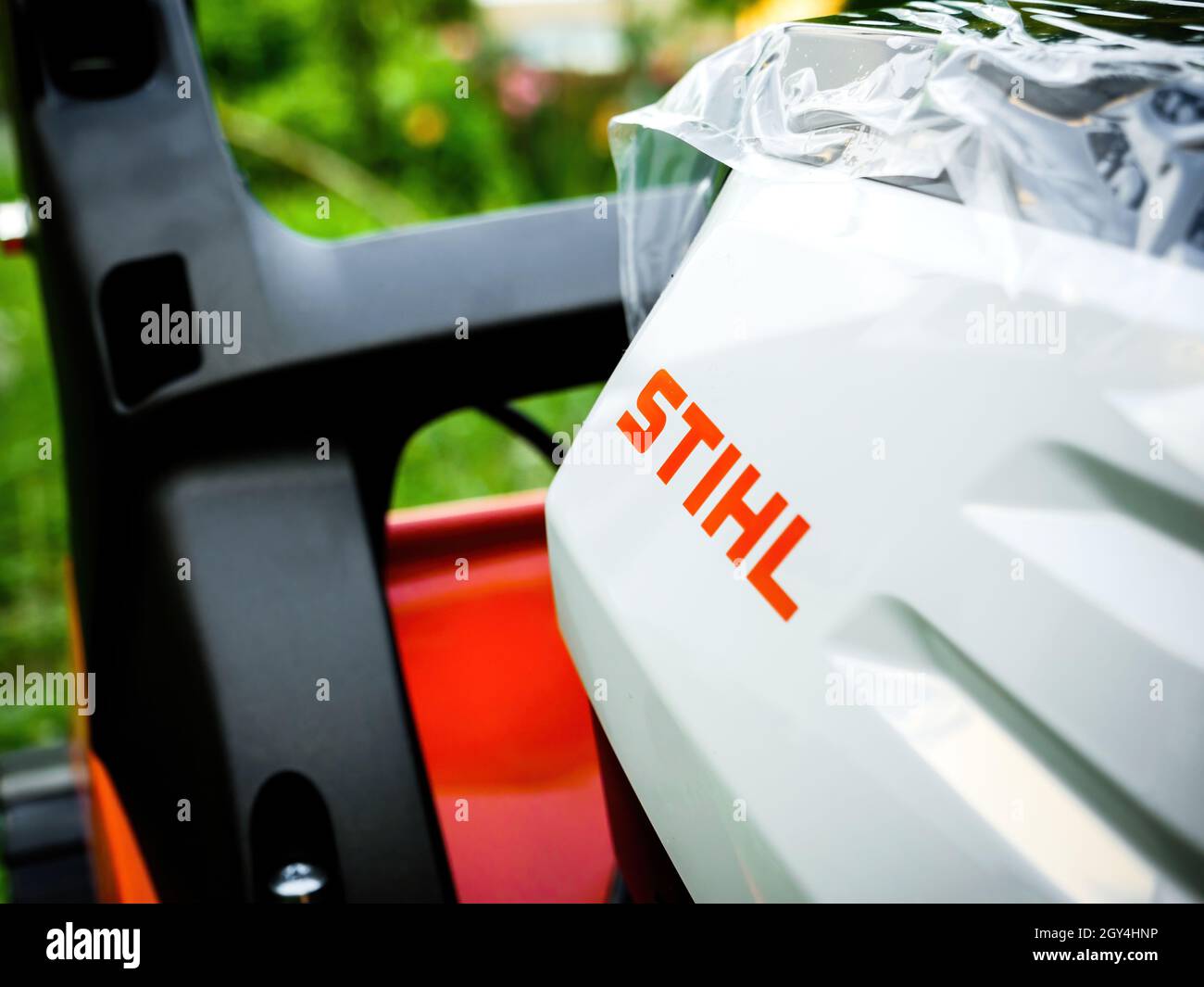 Macro shot of Stihl insignia logo on a new lawn mower operated Stock ...