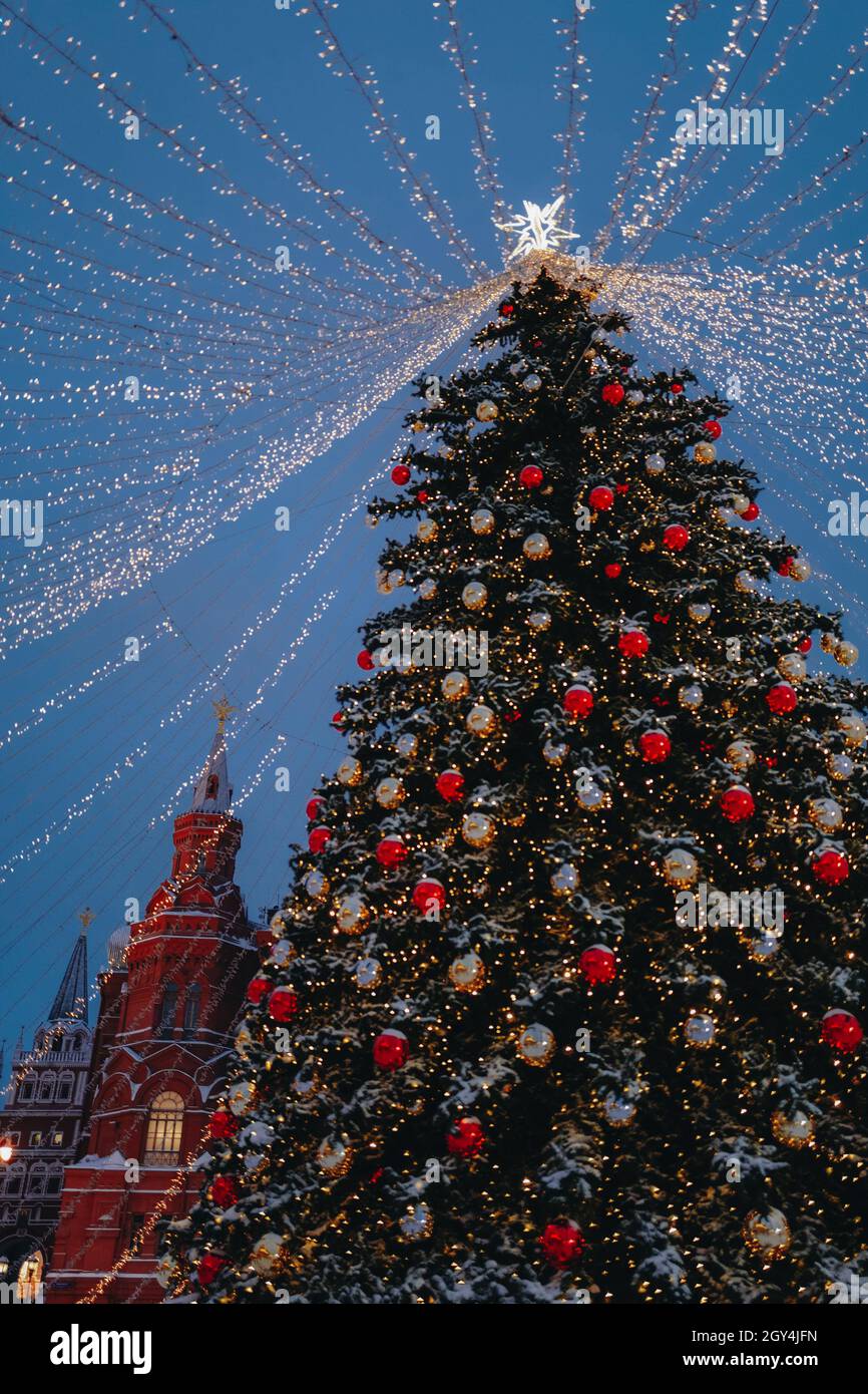 Festive sparkling garlands and shiny decorations with Christmas tree as ...