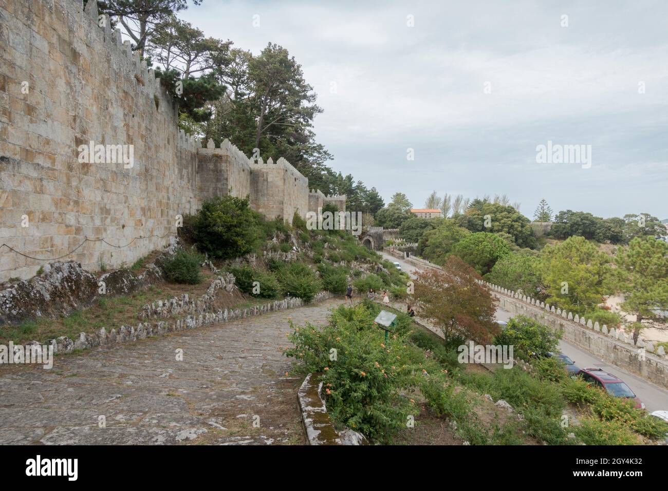 View of the Monterreal Castle at the beach of Baiona, housing Parador ...