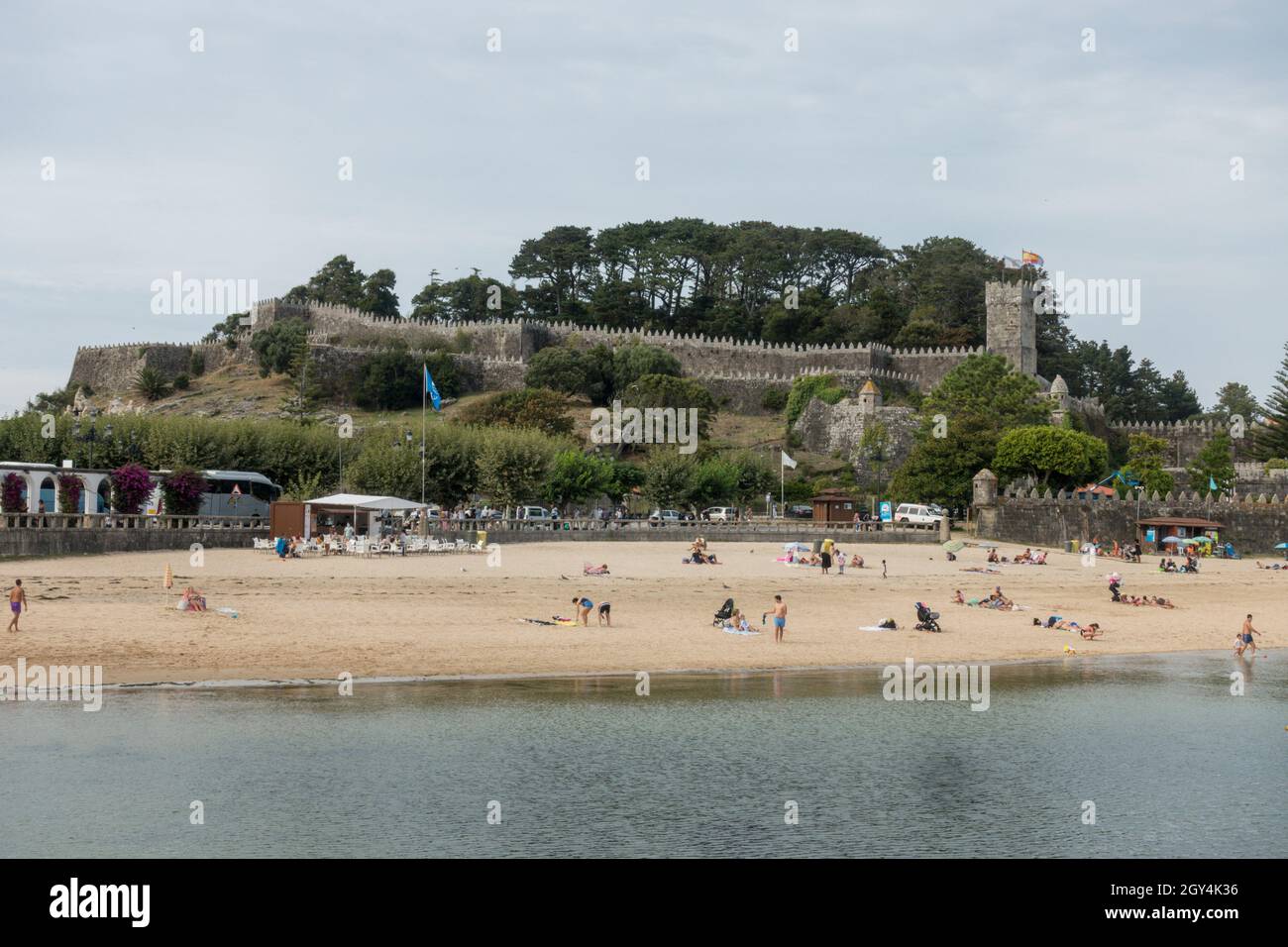 View of the Monterreal Castle at the beach of Baiona, housing Parador ...