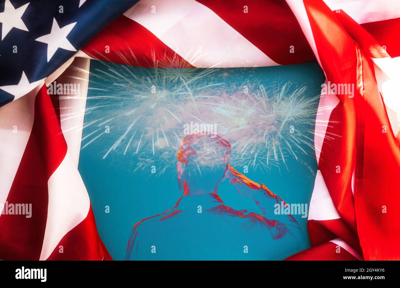 The silhouette of a soldier saluting on a blue background with ...