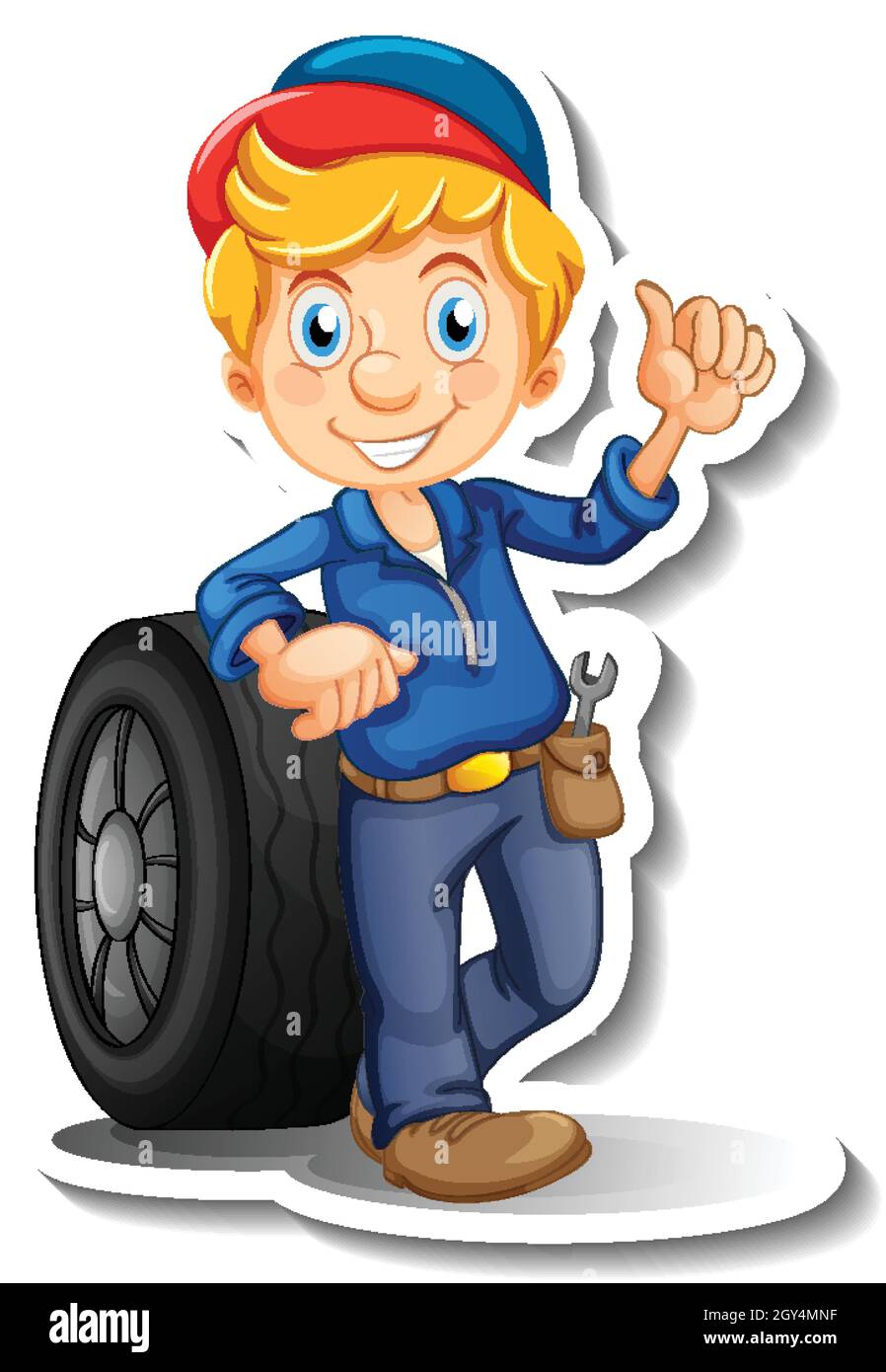 Sticker design with auto mechanic cartoon character illustration Stock ...