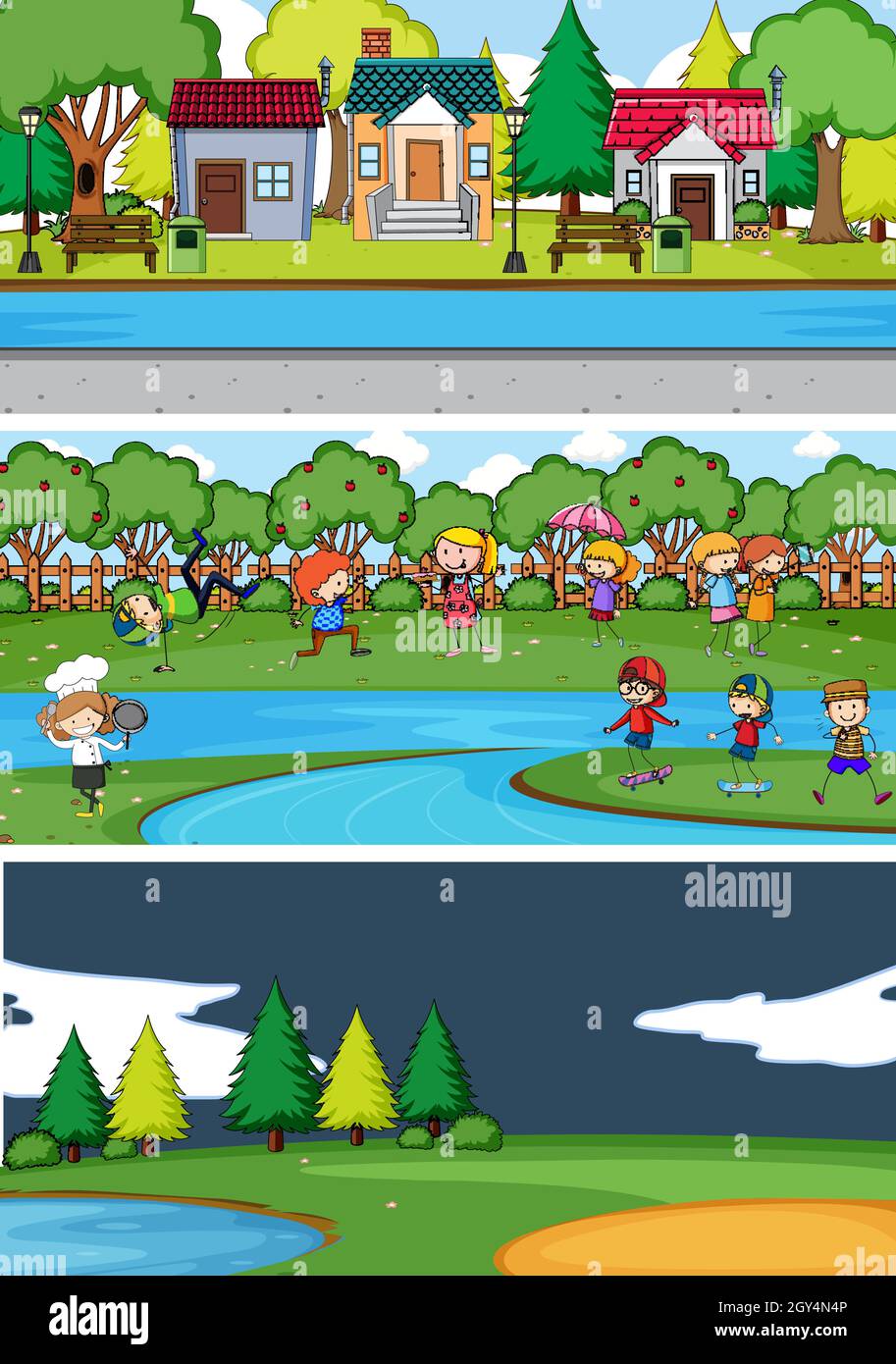 Set of different horizontal scenes background with doodle kids cartoon ...