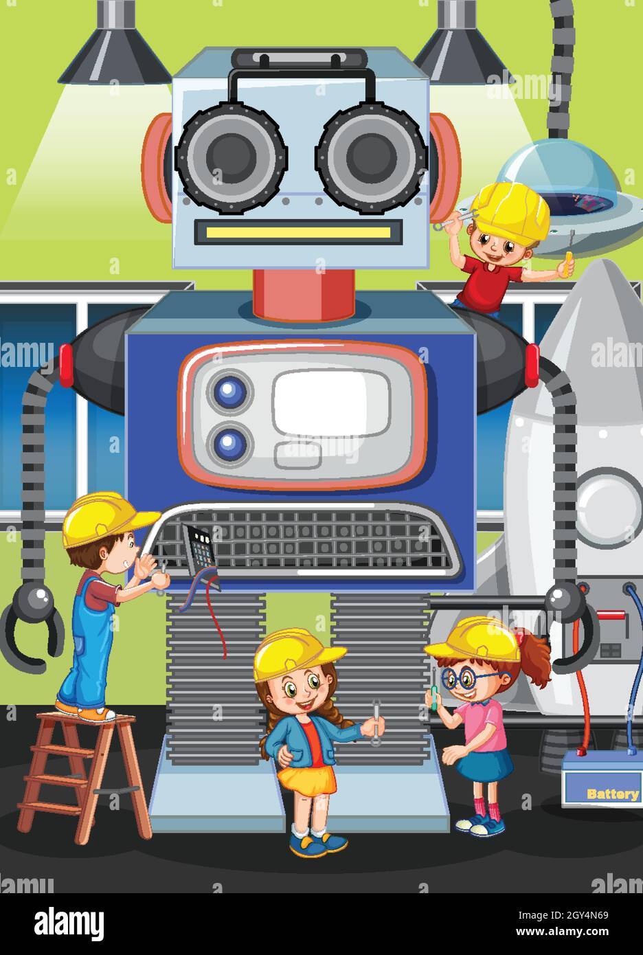 Scene with children building robot together illustration Stock Vector ...