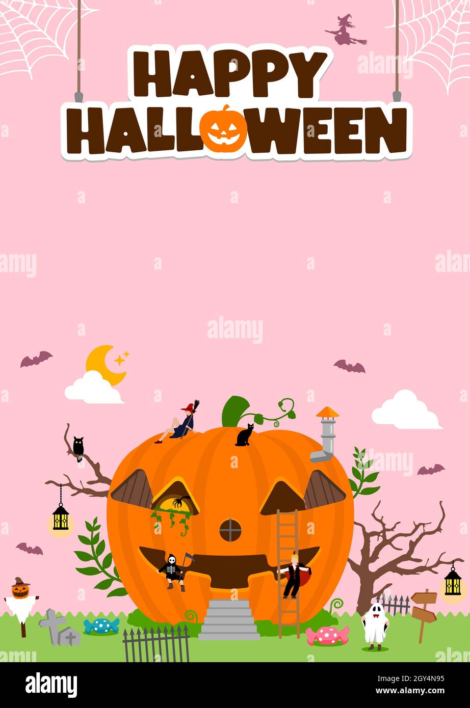 Halloween motif pumpkin house illustration with costume kids (poster ...
