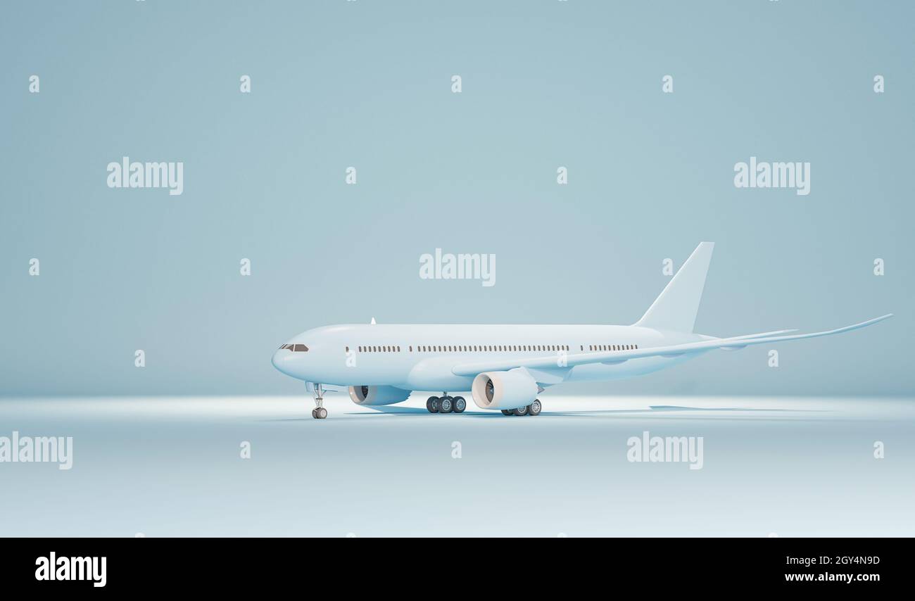 Pastel blue plane flying in the sky with clouds . Plane take off and ...