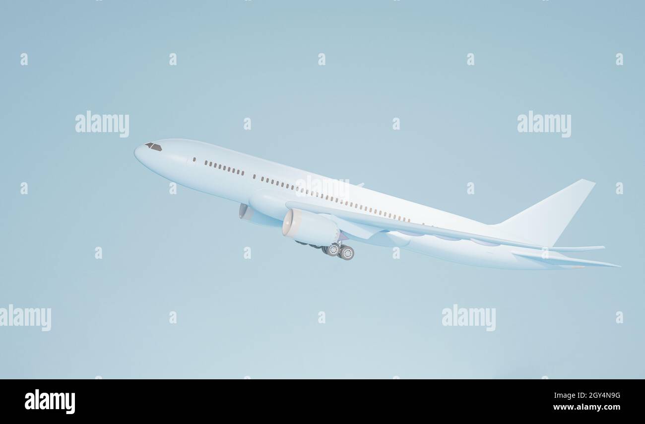 Pastel blue plane flying in the sky with clouds . Plane take off and ...