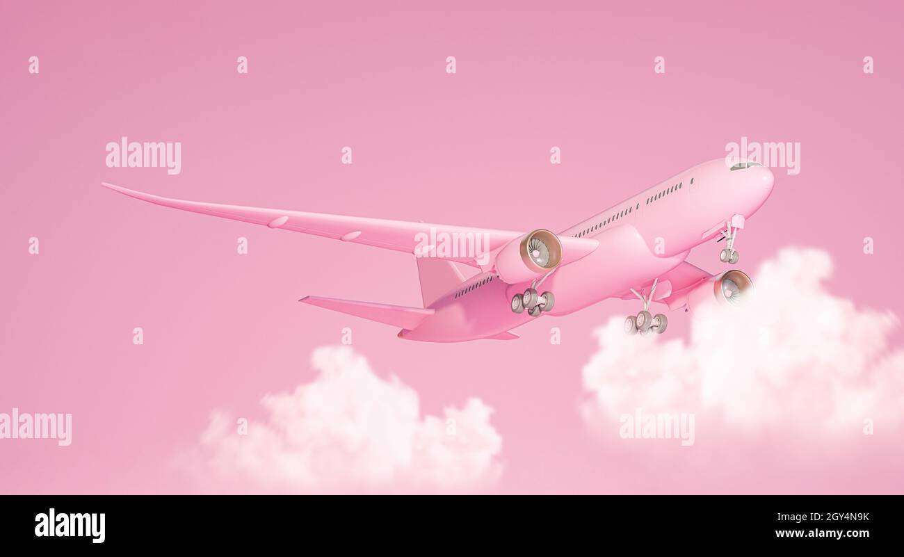Pastel pink plane flying in the sky with clouds . Plane take off and ...