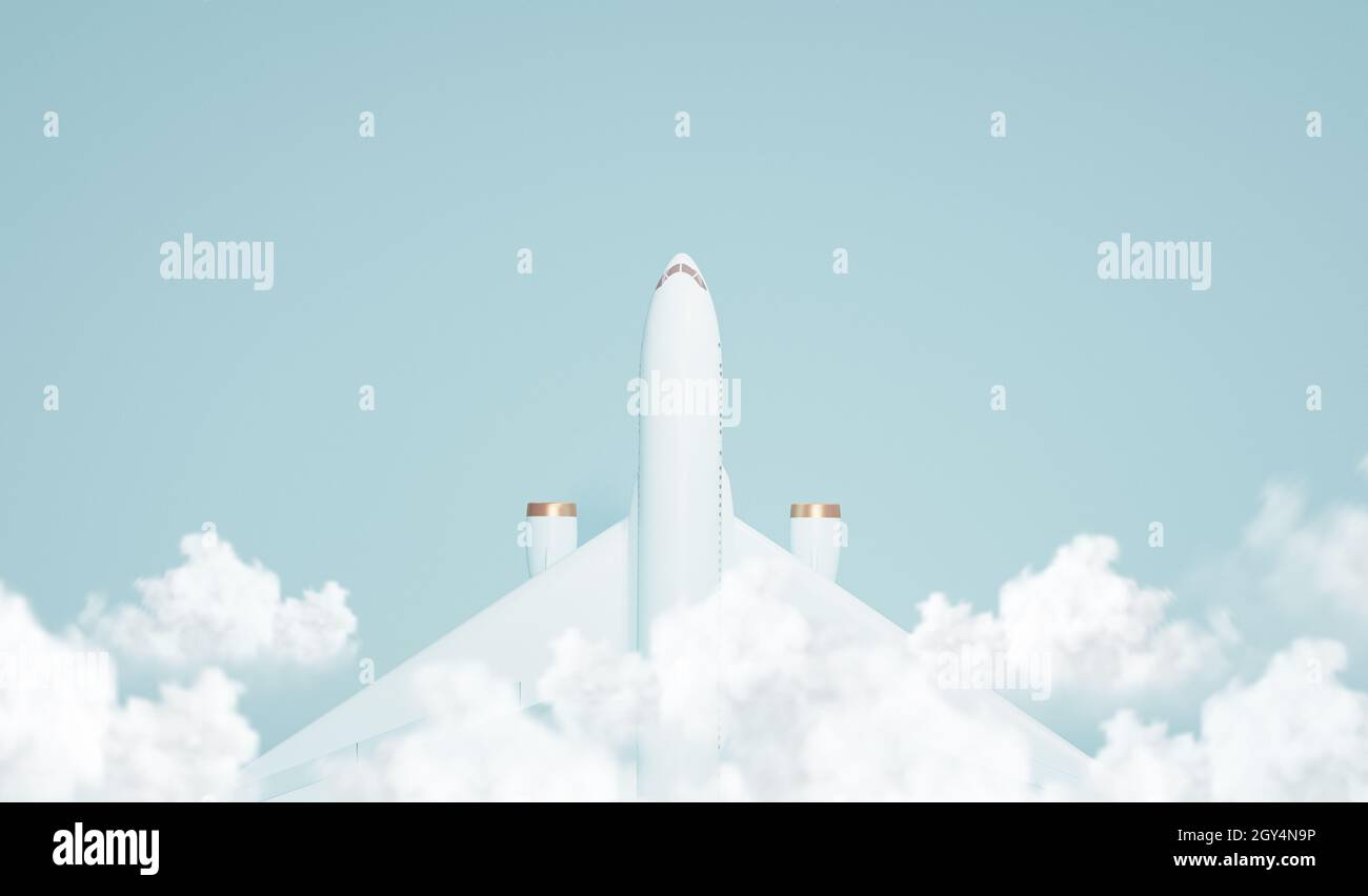 Pastel blue plane flying in the sky with clouds . Plane take off and ...