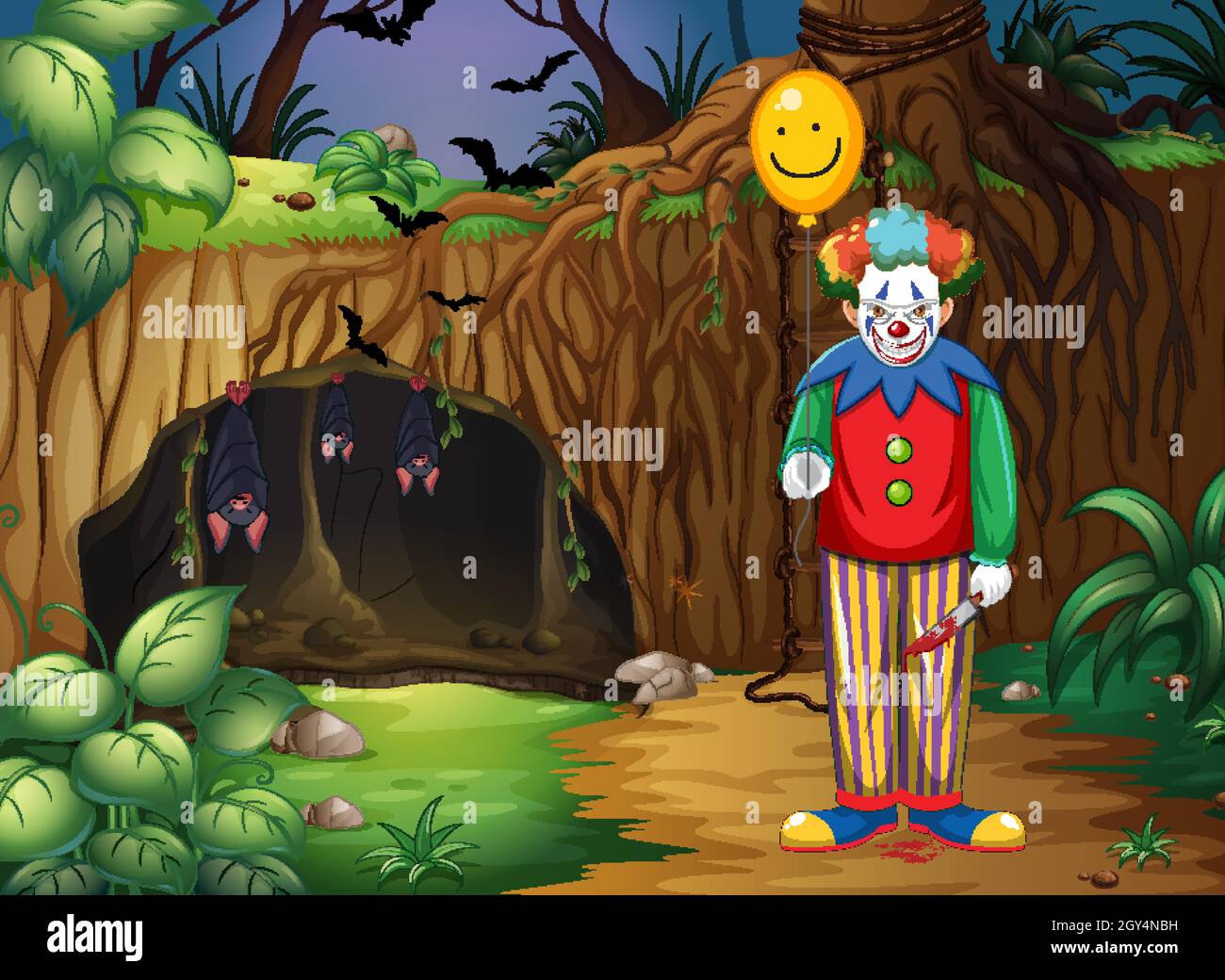 Dark forest scene with creepy clown cartoon character illustration ...