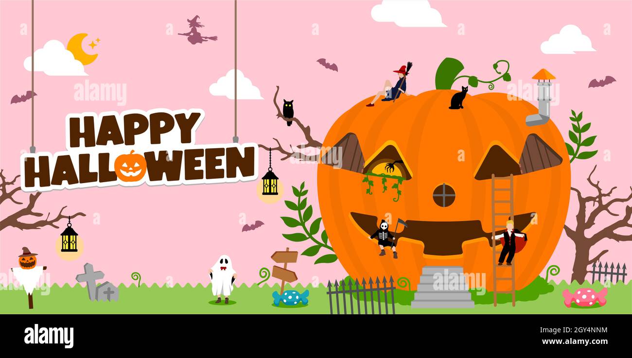 Halloween motif pumpkin house banner illustration with costume kids ...