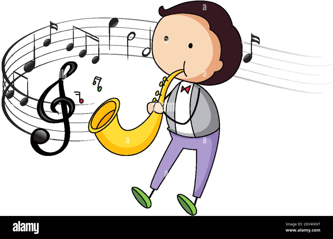 Doodle cartoon character of a man playing saxophone with musical melody ...