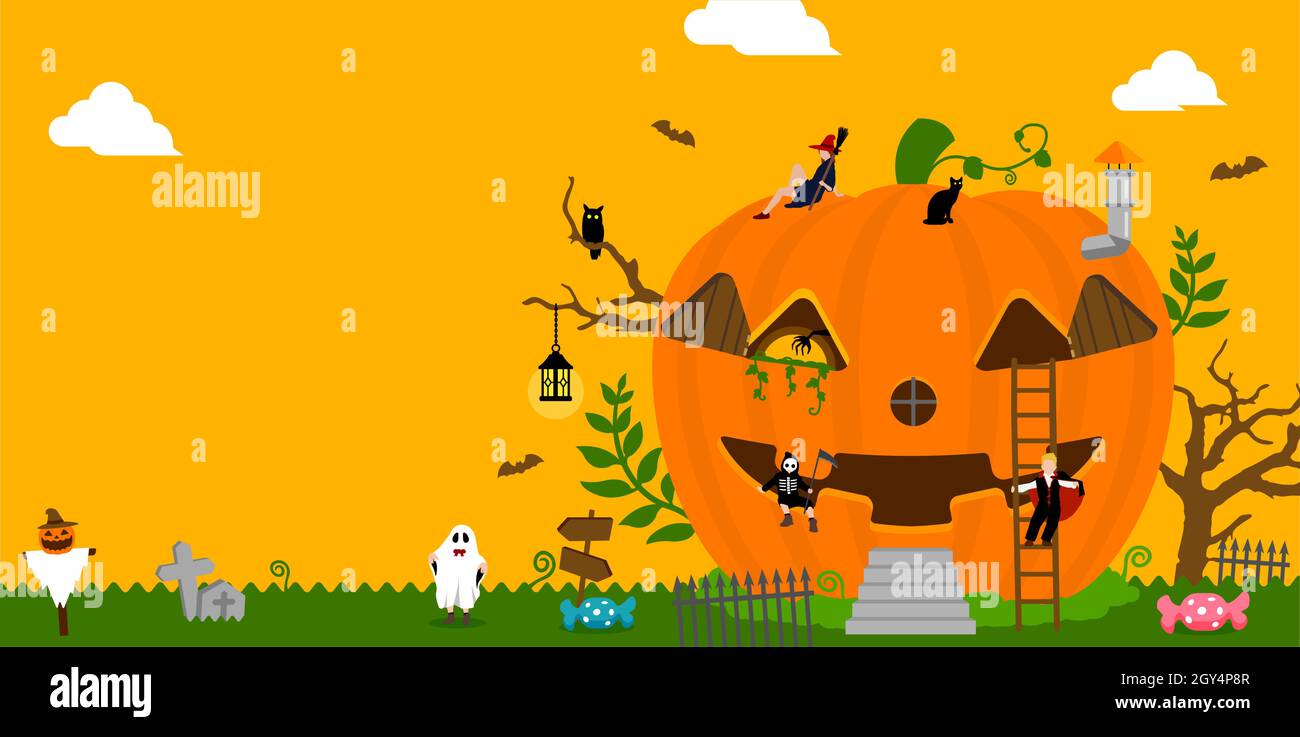 Halloween motif pumpkin house banner illustration with costume kids ...