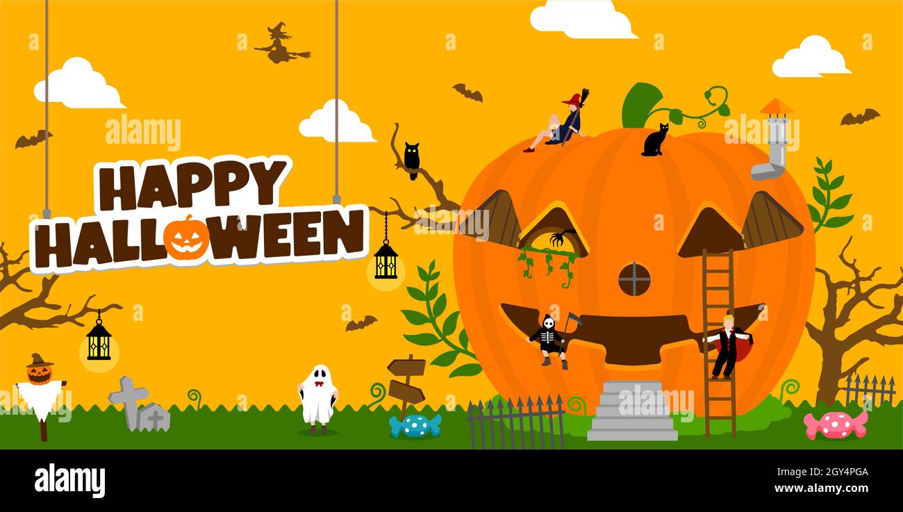 Halloween motif pumpkin house banner illustration with costume kids ...