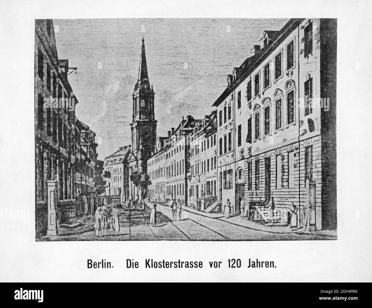 The drawing shows the Klosterstraße with the Parochialkirche in Berlin ...