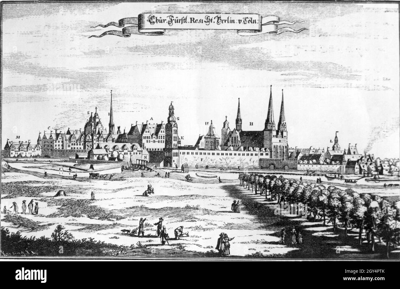 This engraving shows the electoral residence city of Berlin and Cöln ...