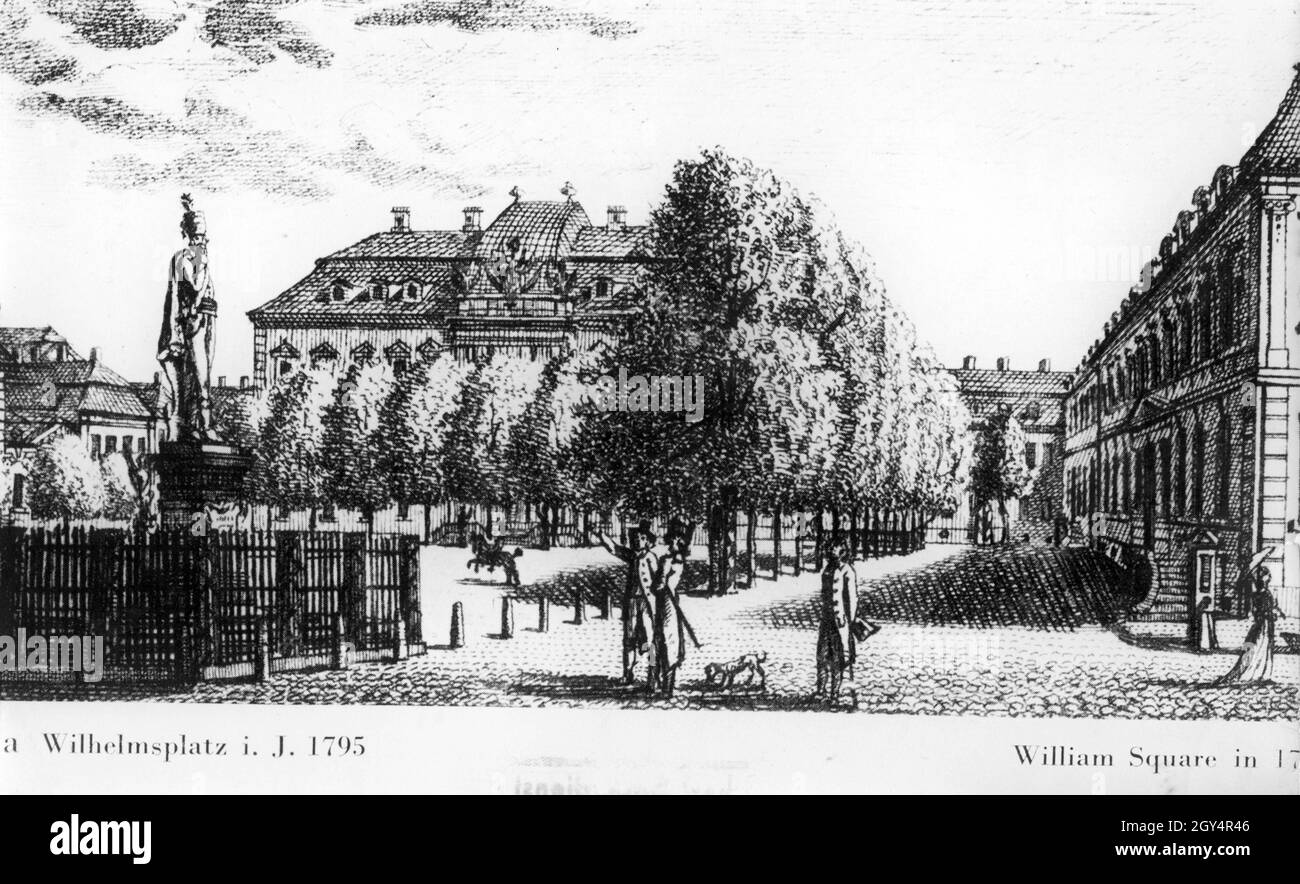 The engraving shows Wilhelmstraße and Wilhelmplatz in Berlin-Mitte in ...