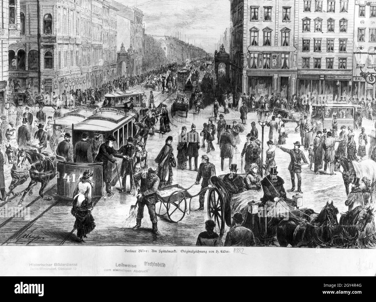 The drawing by Hermann Lüders shows the Spittelmarkt in Berlin-Mitte in ...