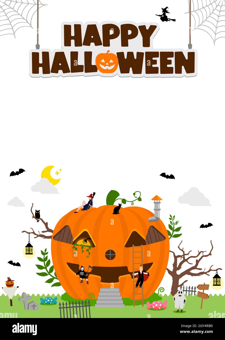 Halloween motif pumpkin house illustration with costume kids (poster ...