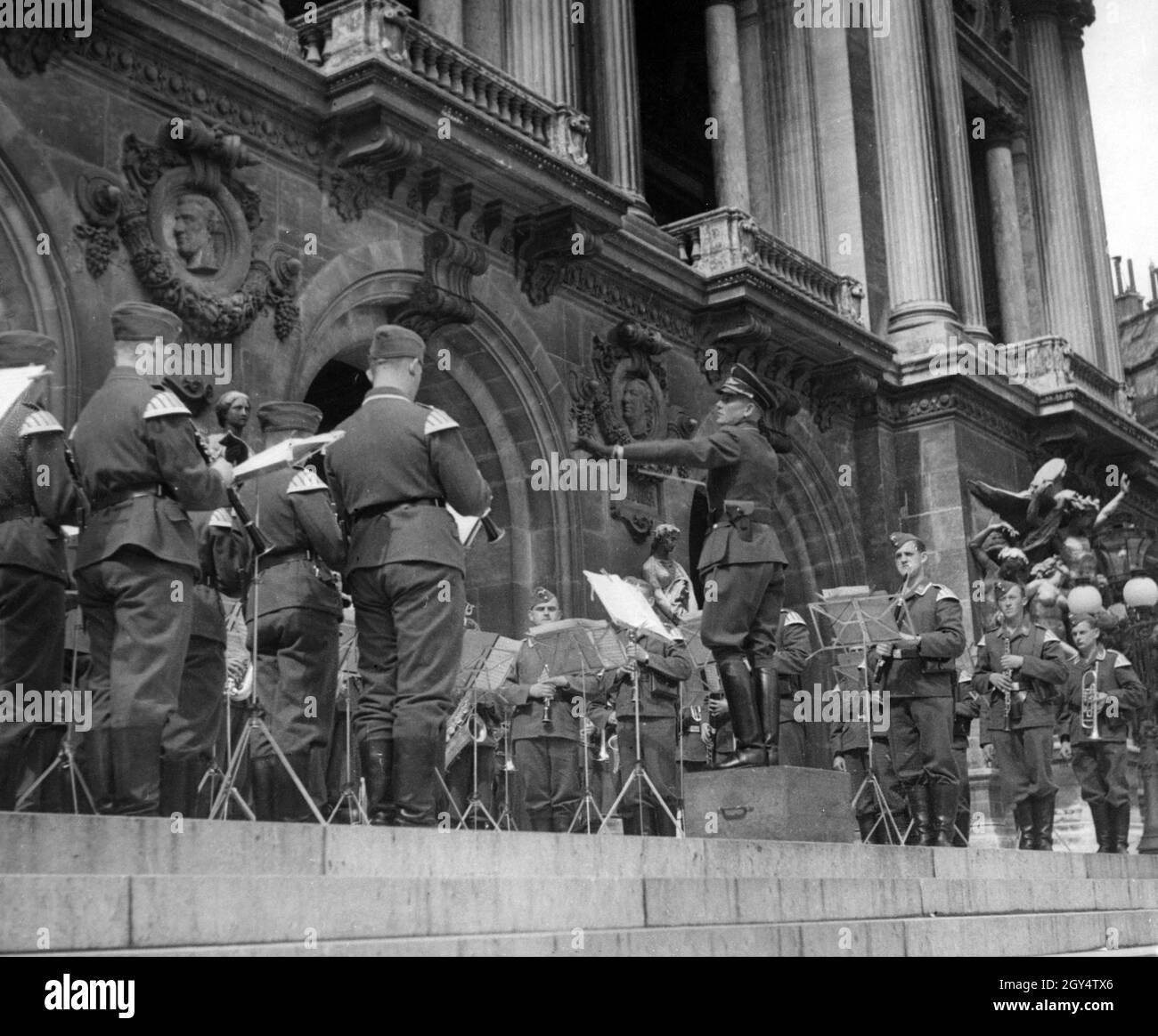World War II: German military concert on the Place de l'Opéra in occupied Paris. [automated ...