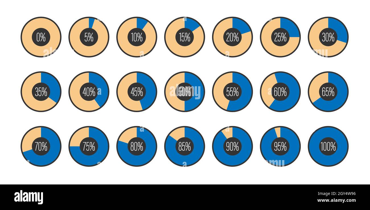 set of pie charts with a percentage sector from 0 to 100 in 5-point ...